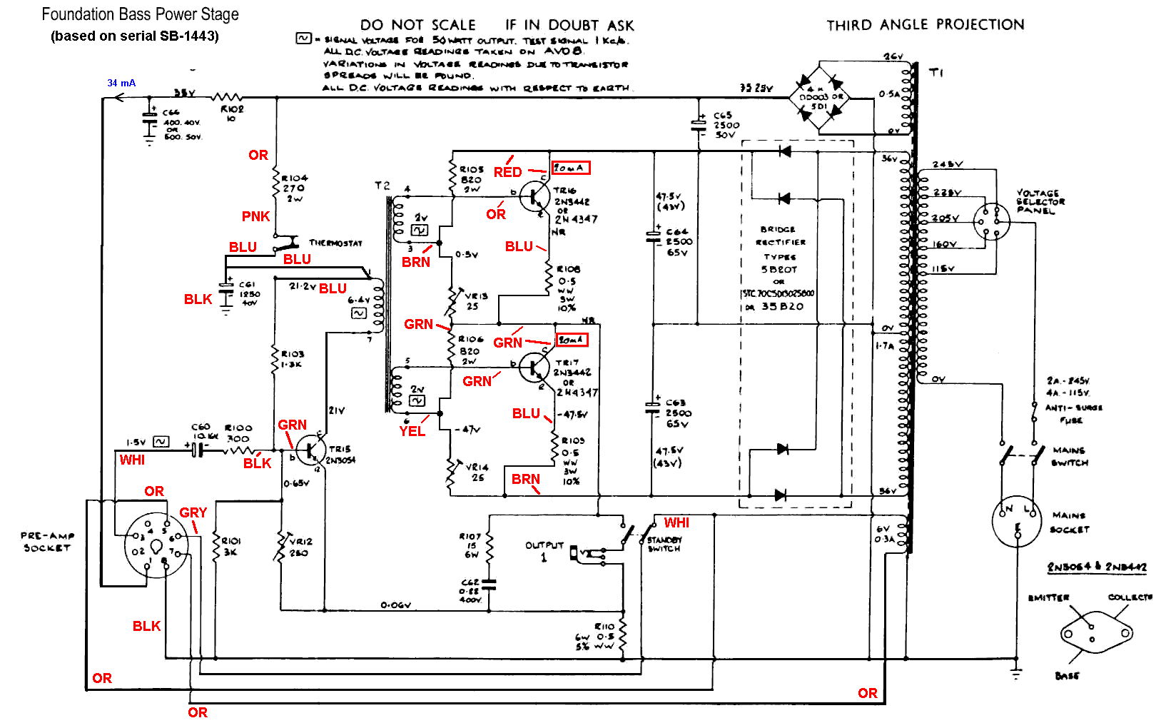 Vox Foundation Bass serial number 1443 - schematics and notes by Pete Kappa